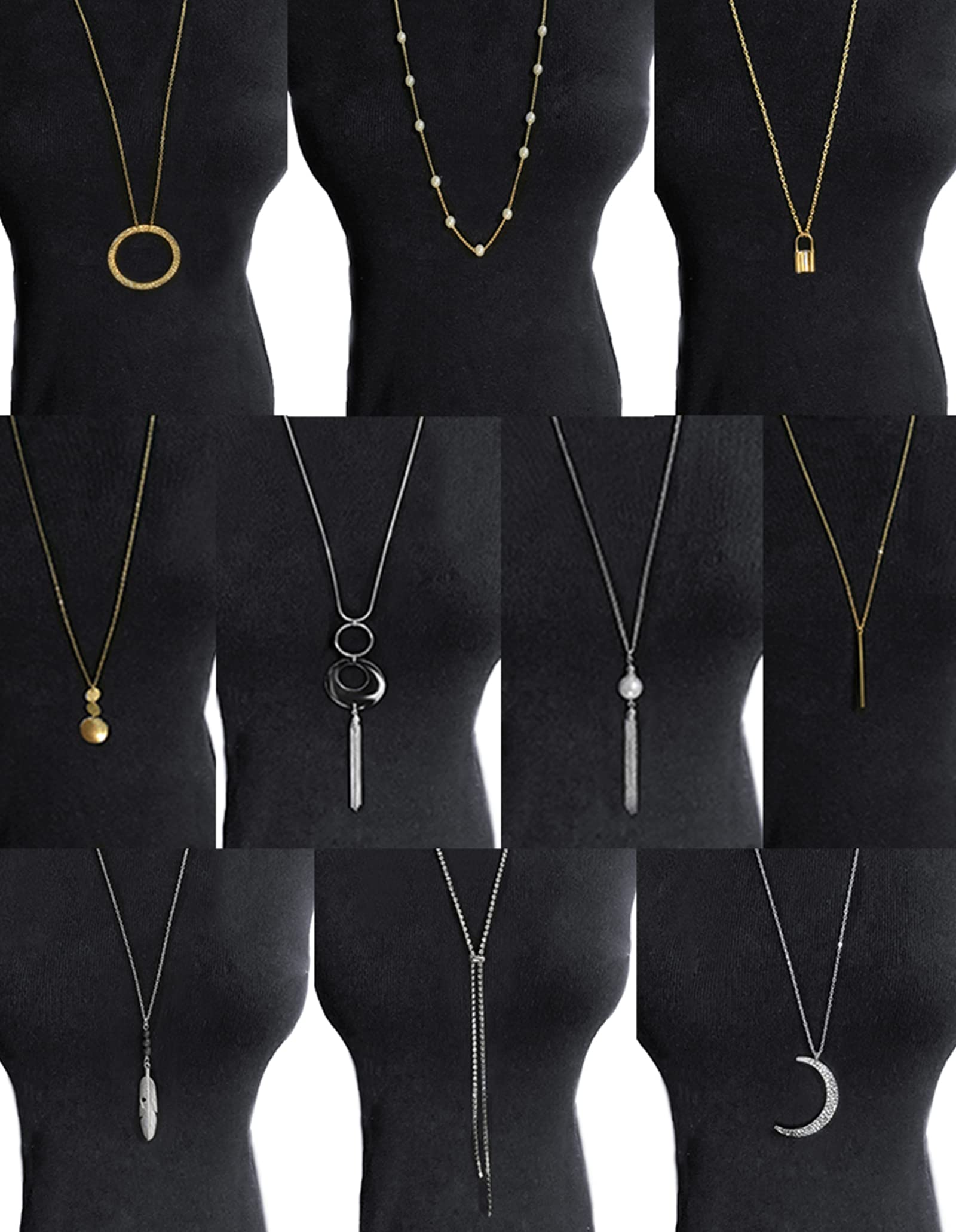 Ofeiyaa 10Pcs Long Pendant Necklace Simple Moon Bar Three Triangle Tassel Lock Sweater Y Shape Punk Chain Choker Necklace for Women Men Gold Silver Tone (E:10Pcs (Lock))