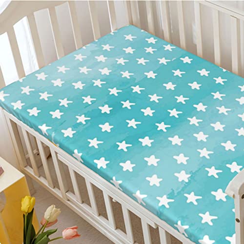 Star Themed Fitted Mini Crib Sheets,Portable Mini Crib Sheets Ultra Soft Material-Baby Sheet for Boys Girls,24β x38β,Pale Blue and White