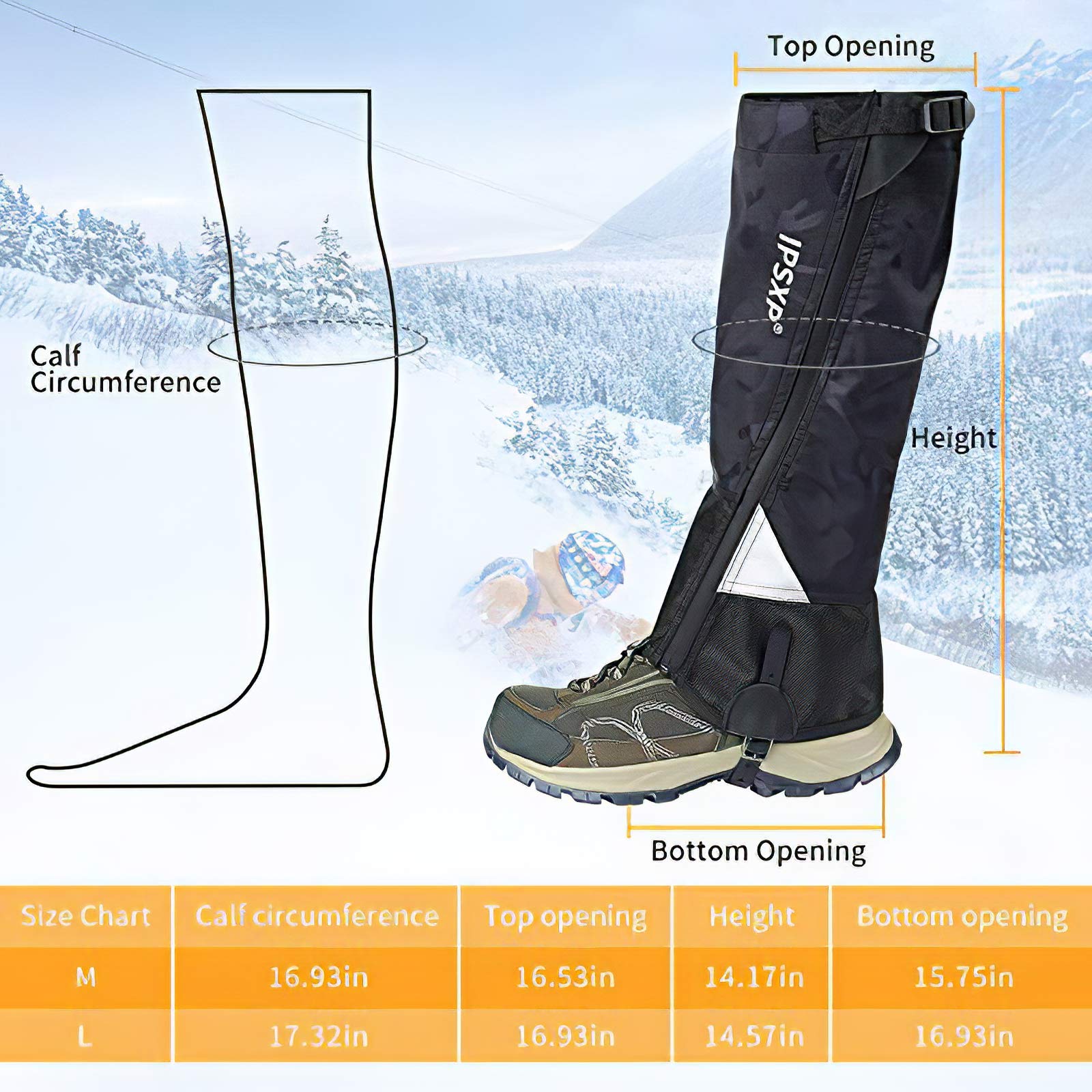 IPXSP Leg Gaiters – Waterproof and Adjustable Snow Boot Gaiters for Hiking, Walking, Hunting, Mountain Climbing and Snowshoeing(Large)