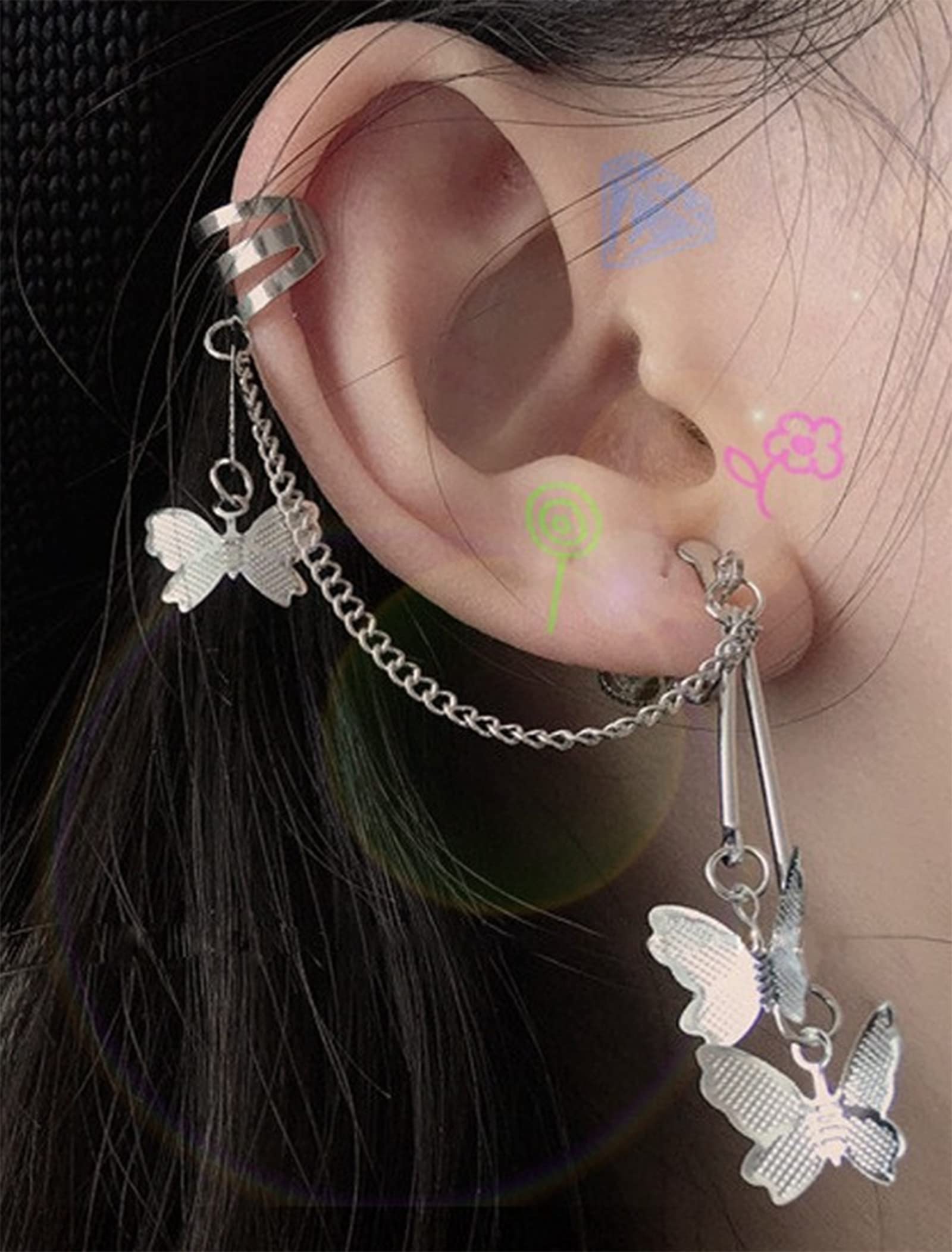 Ofeiyaa 6Pcs Tassel Ear Cuff Butterfly Snowflake Flower Star Moon Leaf CZ Cuff Earring Chain Set Crawler Climber Dangling Chain Wrap Clip on Earrings Jewelry for Women Men