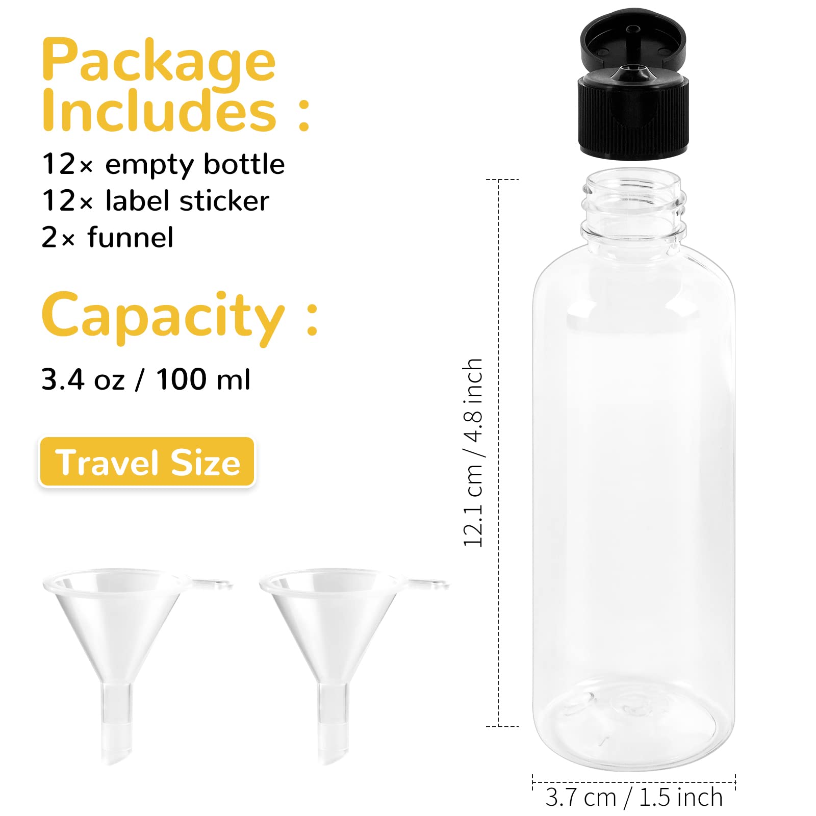 Qeirudu 3.4 oz Travel Bottles with Black Flip Cap and Labels, 12 Pack Clear Empty Squeeze Bottles Plastic Lotion Containers for Cream, Shampoo, Conditioner