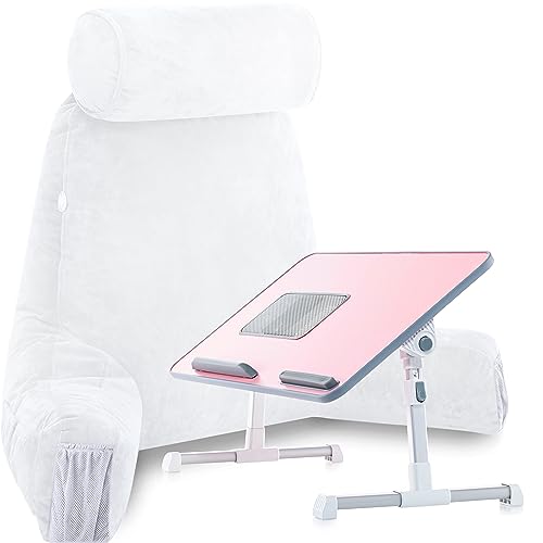 Husband Pillow Combo - Backrest Pillow with Arms : Medium White & Lap Desk Bed Tray : Pink - Memory Foam Reading Pillows for Bed w/Removable Neck Roll & Laptop Bed Tray Table