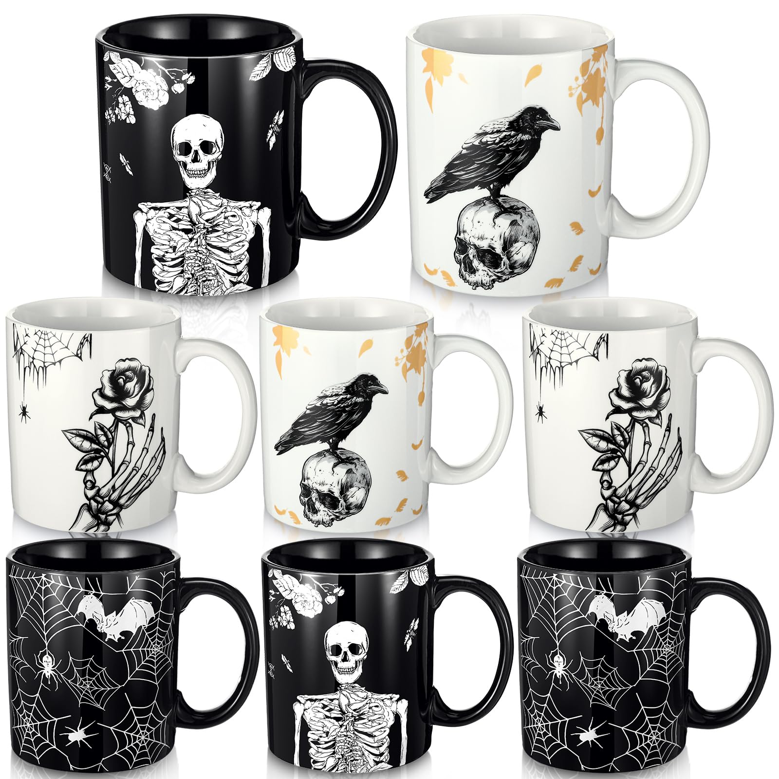 Teenyyou 8 Pcs Vintage Halloween Mug 14 oz Goth Coffee Cup Gothic Ceramic Drinking Cup with Skull Skeleton Spider Crow Pattern Witchy Gothic Gifts for Women Halloween Birthday Party Home Decoration