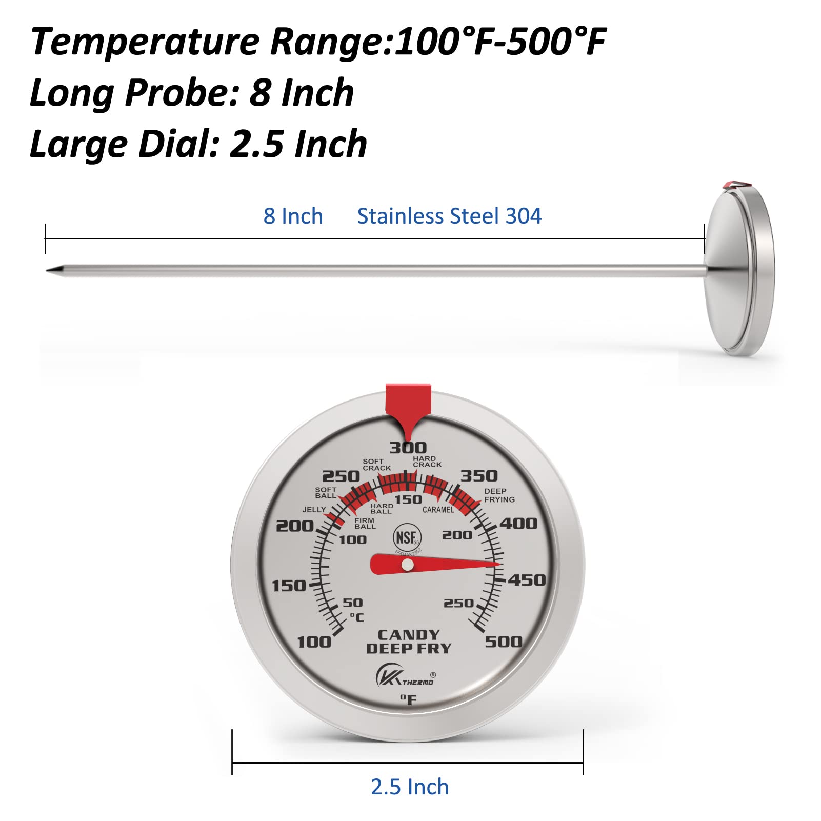 Oven Thermometers and Candy Thermometer with 8β Probe Waterproof dial, no Battery Required, Fast Instant Read Large 2.5" dial, β¦
