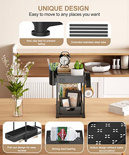 MERRYBOX Under Sink Organizers and Storage, Sliding Under Cabinet Bathroom Organizer, 2 Tier Kitchen Under Sink Shelf Organizer Pull Out Drawer with Hooks, Hanging Cup, Non-Slip Feet, Black, 1 Pack