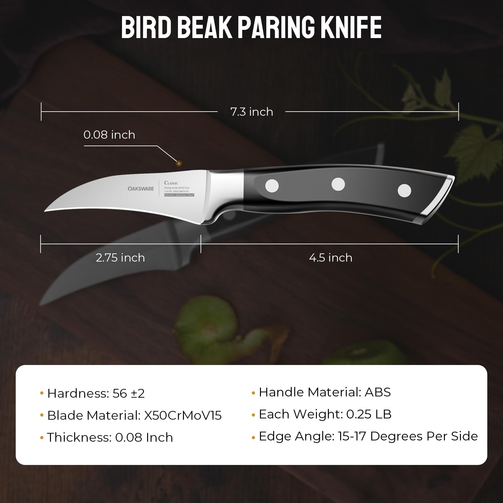 OAKSWARE Bird Beak Paring Knife, 2.75 Inch Peeling Knives German Stainless Steel Small Curved Fruit Knifes, Razor Sharp Kitchen Pairing Knives with Ergonomic and Full Tang Handle