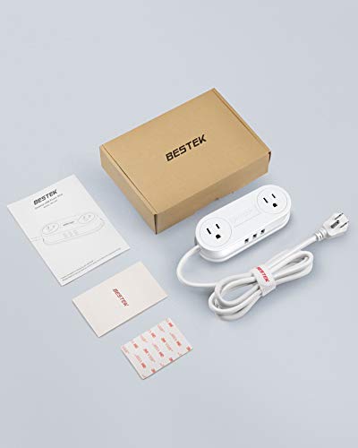 Small Power Strip with 3 USB Ports, BESTEK 2 Outlet Portable Plug Strip Charging Station with Adhesive Sticker, 5 Ft Extension Cord, Ultra-Compact for Cruise Ships, Dorm Room,Travel, Bedside, Office