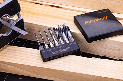 NordWolf 7-Piece HSS Brad Point Stubby Wood Drill Bit Set with 1/4" Hex Shank for Carpenter Woodworking, SAE Sizes 1/16"-3/32"-1/8"-3/16"-1/4"-5/16"-3/8"