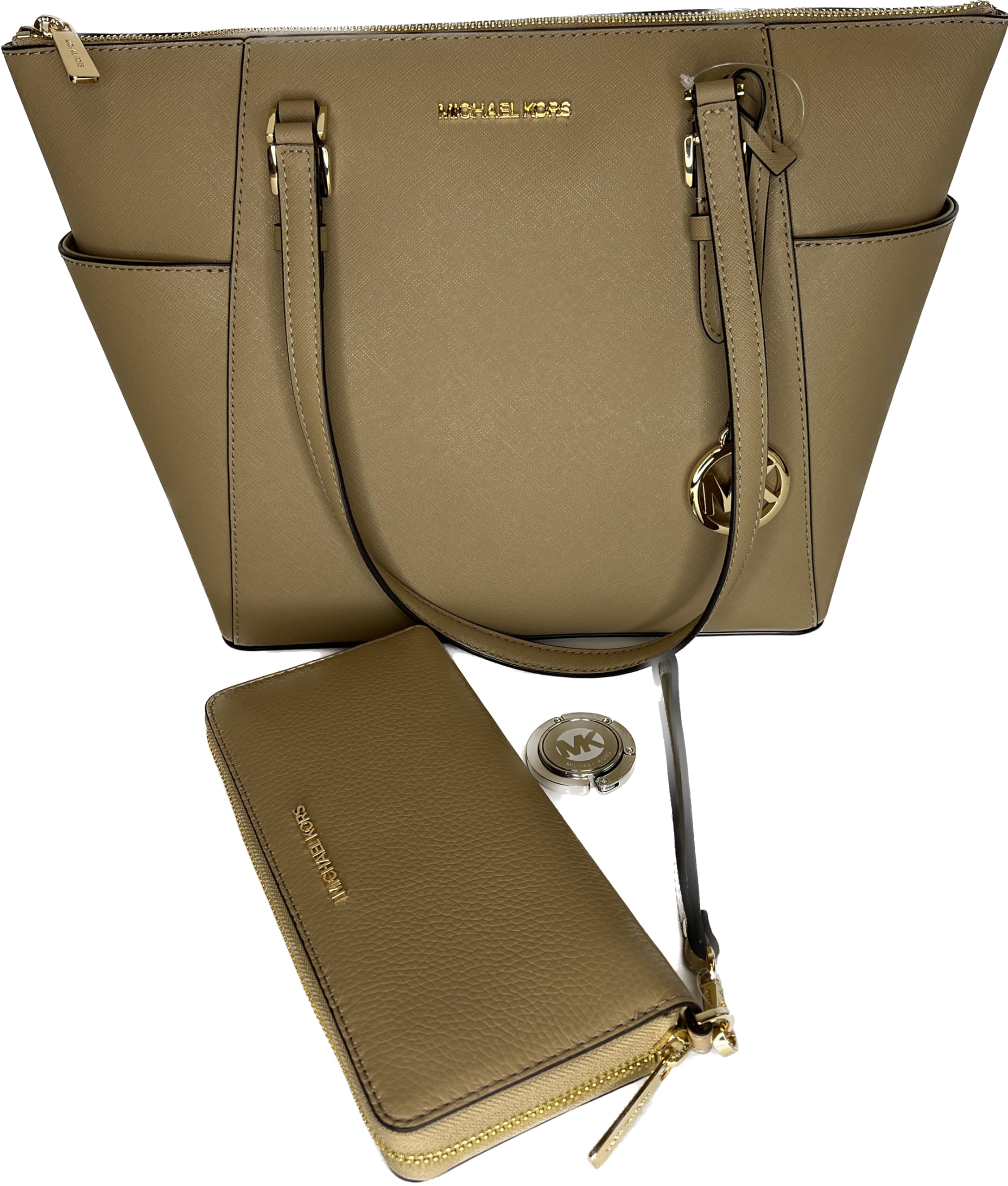 Michael Kors Charlotte Large Zip Tote bundled with matching Continental Wristlet and Purse Hook (Sig MK Mulberry)