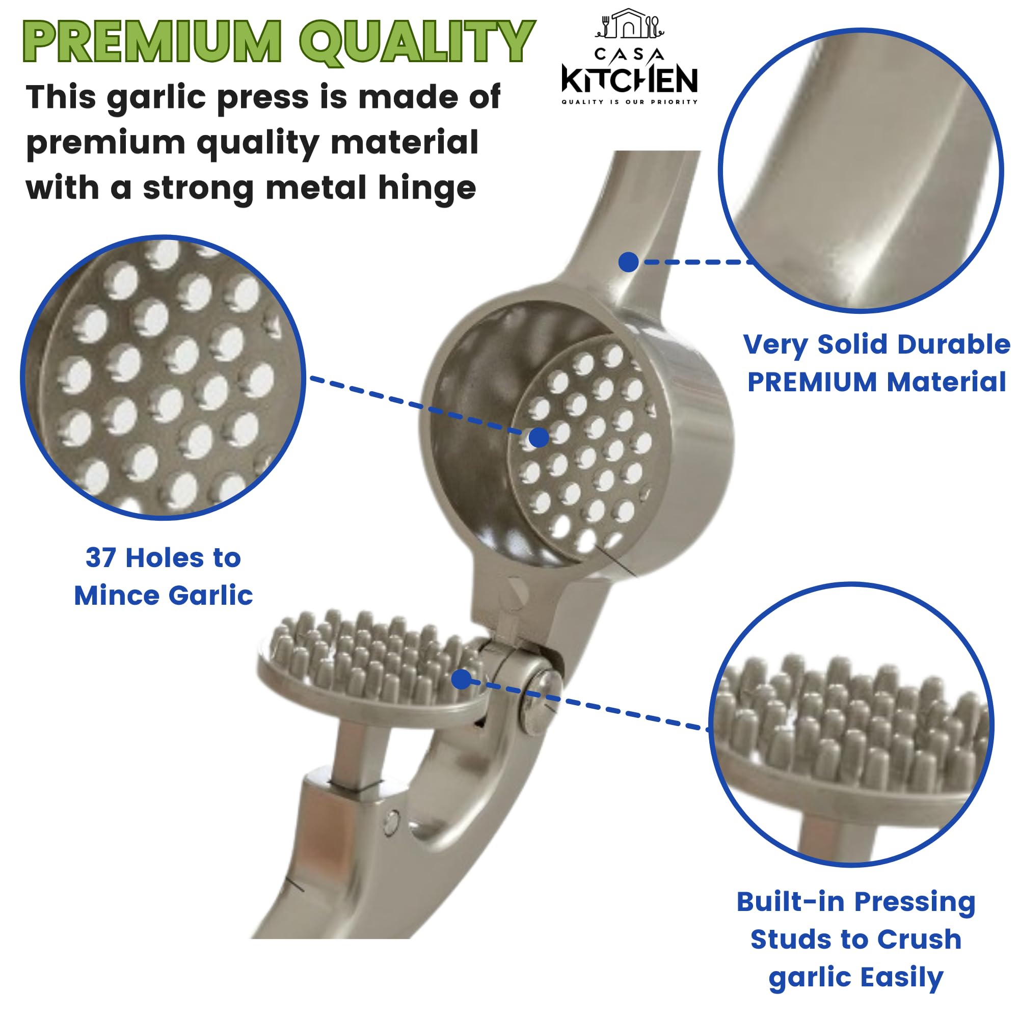 Premium Garlic Press Set - Easy to Squeeze Ergonomic Handle Garlic Crusher - Rust Proof & Dishwasher Safe Garlic Mincer Tool, Garlic Press Stainless Steel, Garlic Peeler & Brush (Chrome Silver)