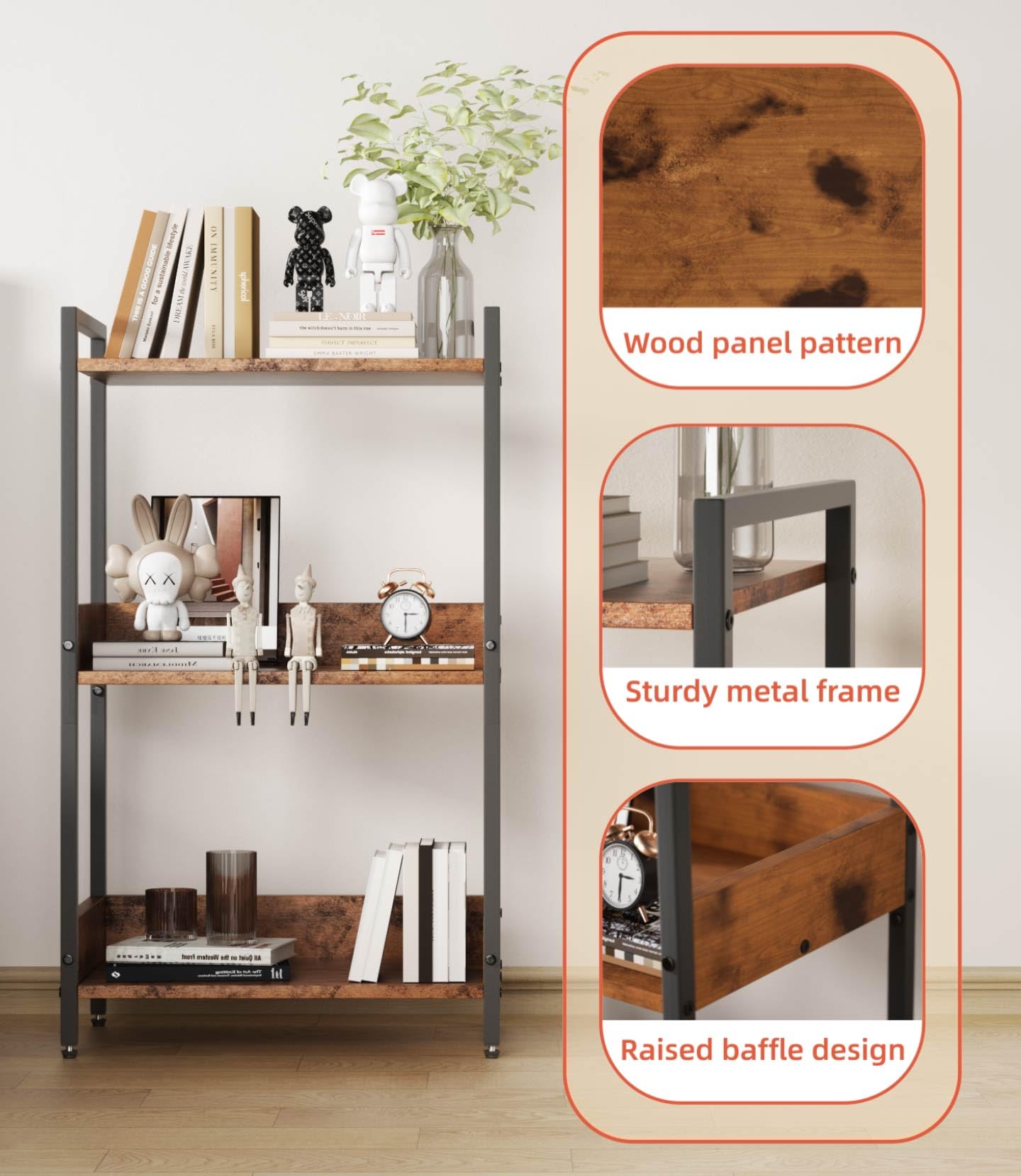 YSVCO Bookshelf, 3 Tier Industrial Small Book Shelf, Small Storage Bookcase with Organizer, Freestanding Open Shelf for Small Spaces, Bedroom, Living Room, Retro Brown BS70FB