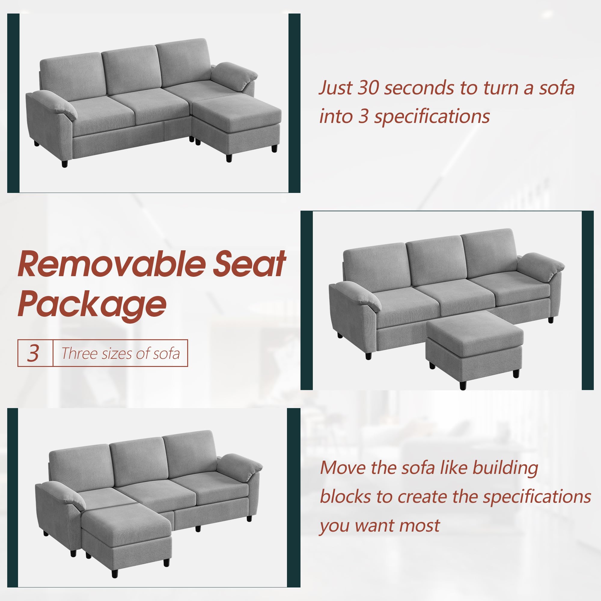 Vongrasig 79" Convertible Sectional Sofa Couch, 3 Seat L Shaped Sofa with Removable Pillows Linen Fabric Small Couch Mid Century for Living Room, Apartment and Office (Light Grey)