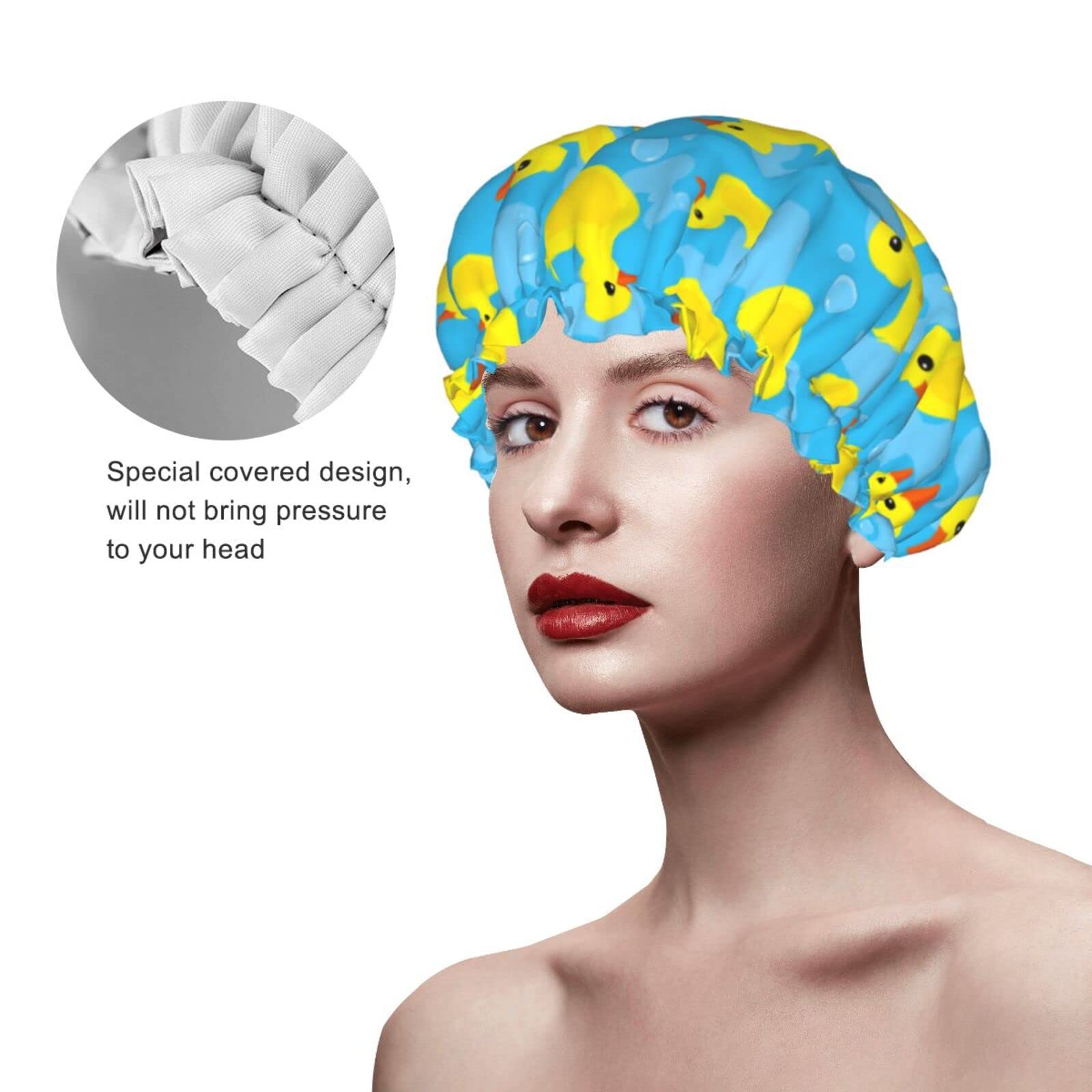 Rubber Duck Shower Cap for Women Reusable Double Layers Waterproof Shower Hair Protector PEVA Lined Shower Hat for All Long Hair Lengths, Stretchy Adjustable Shower Caps