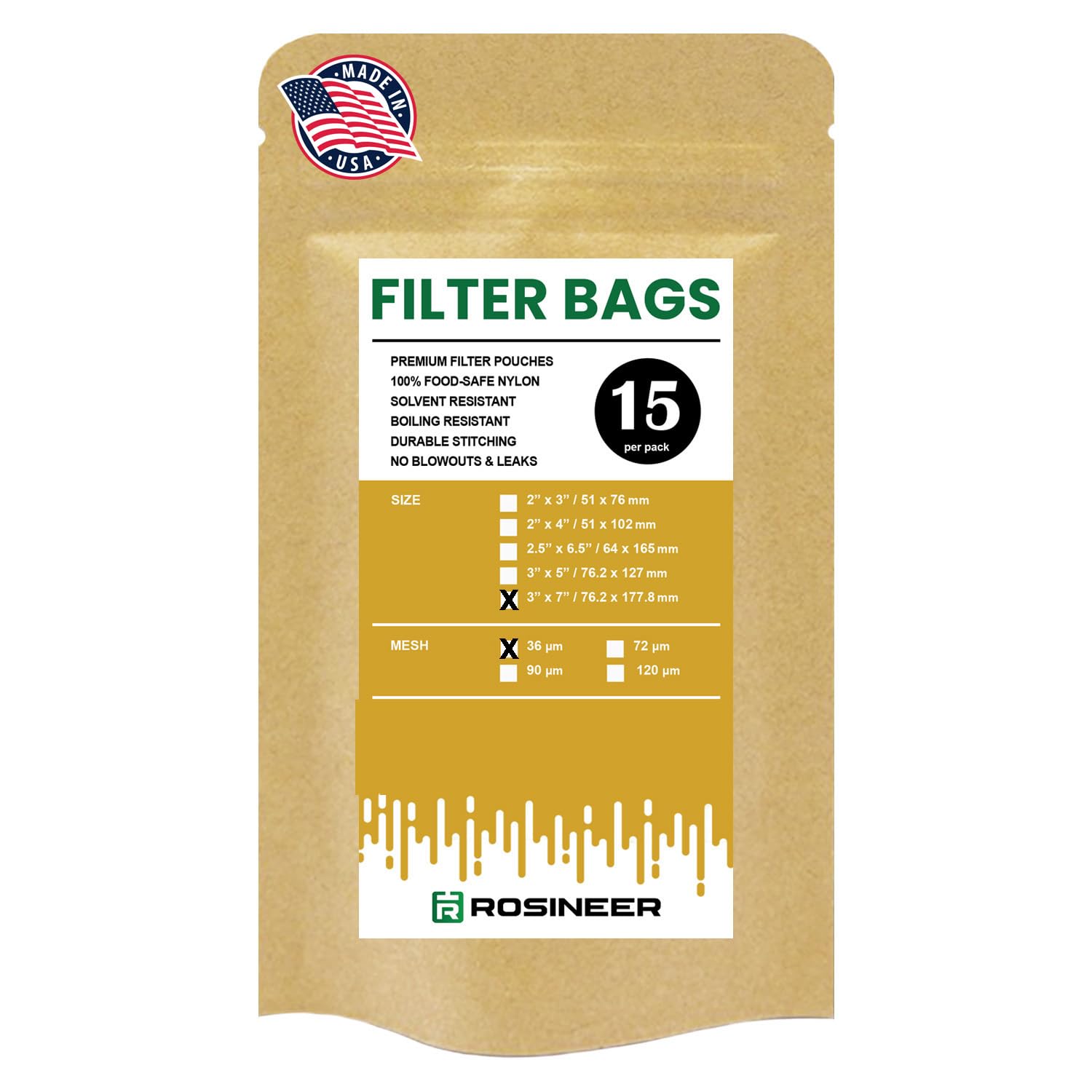Premium Nylon Tea Filter Bags, 3" x 7", 15 PCS, 36 Micron Mesh Size, Double Stitching, Zero Blowouts, Made in the USA