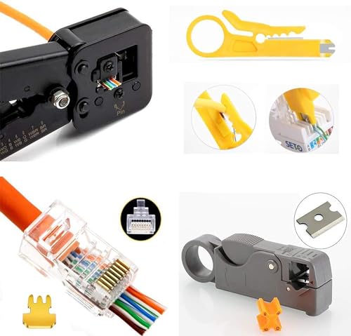 RJ45 Crimp Tool Kit Pass through Ethernet Crimper kit for Cat5 Cat5e Cat6,RJ45 Crimping Tool with 50PCS Connectors, 50PCS Covers,1 Wire Punch Down Cutter and 1 Network Cable Test(9V Battery Included)