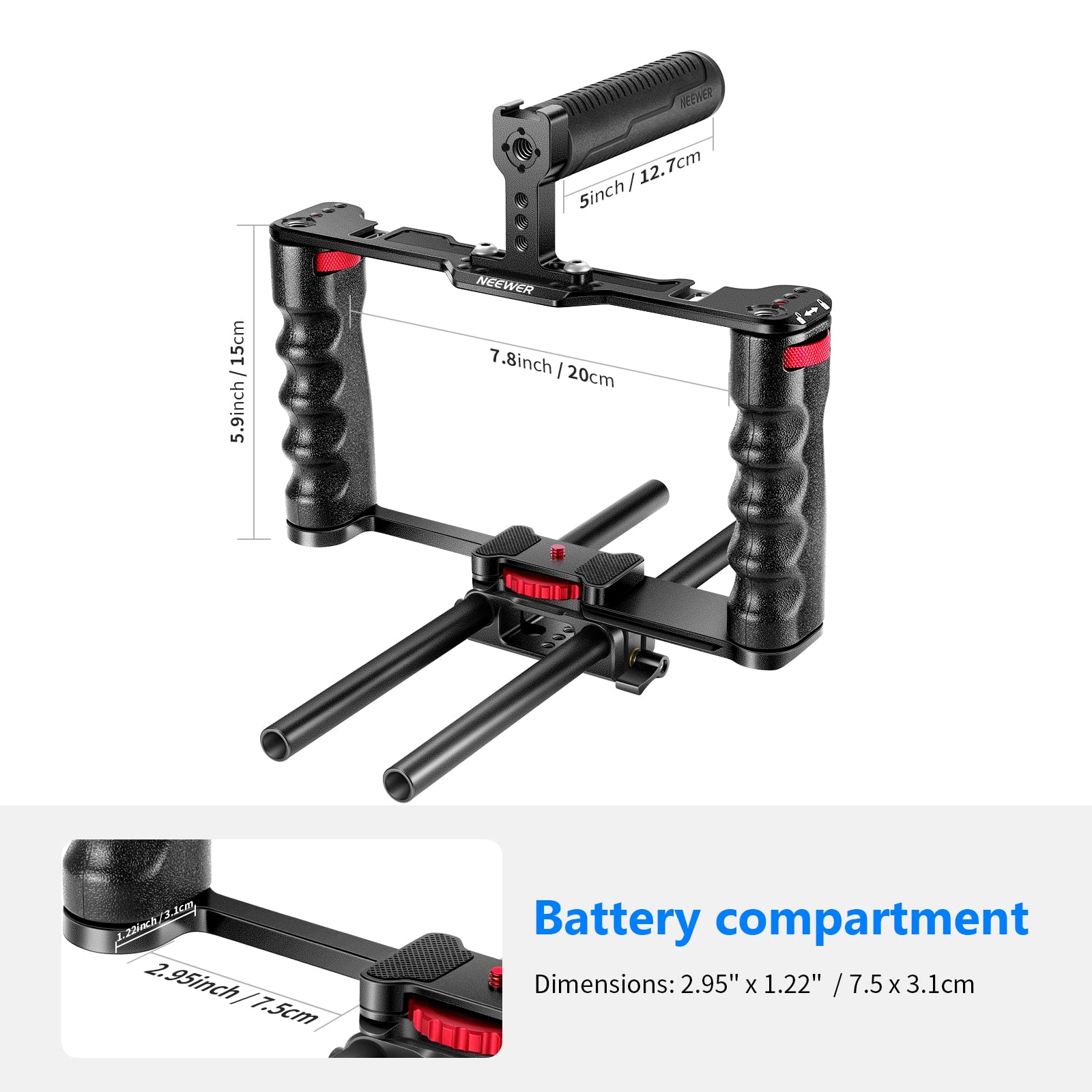 NEEWER Aluminum Alloy Camera Cage, Filmmaking Rig with Top Handle, Dual Grips, Standard Arca Type Base, Compatible with Sony A7S III A7IV A6600 Canon EOS R5C R5 R6 DSLR/Mirrorless Cameras - VS107
