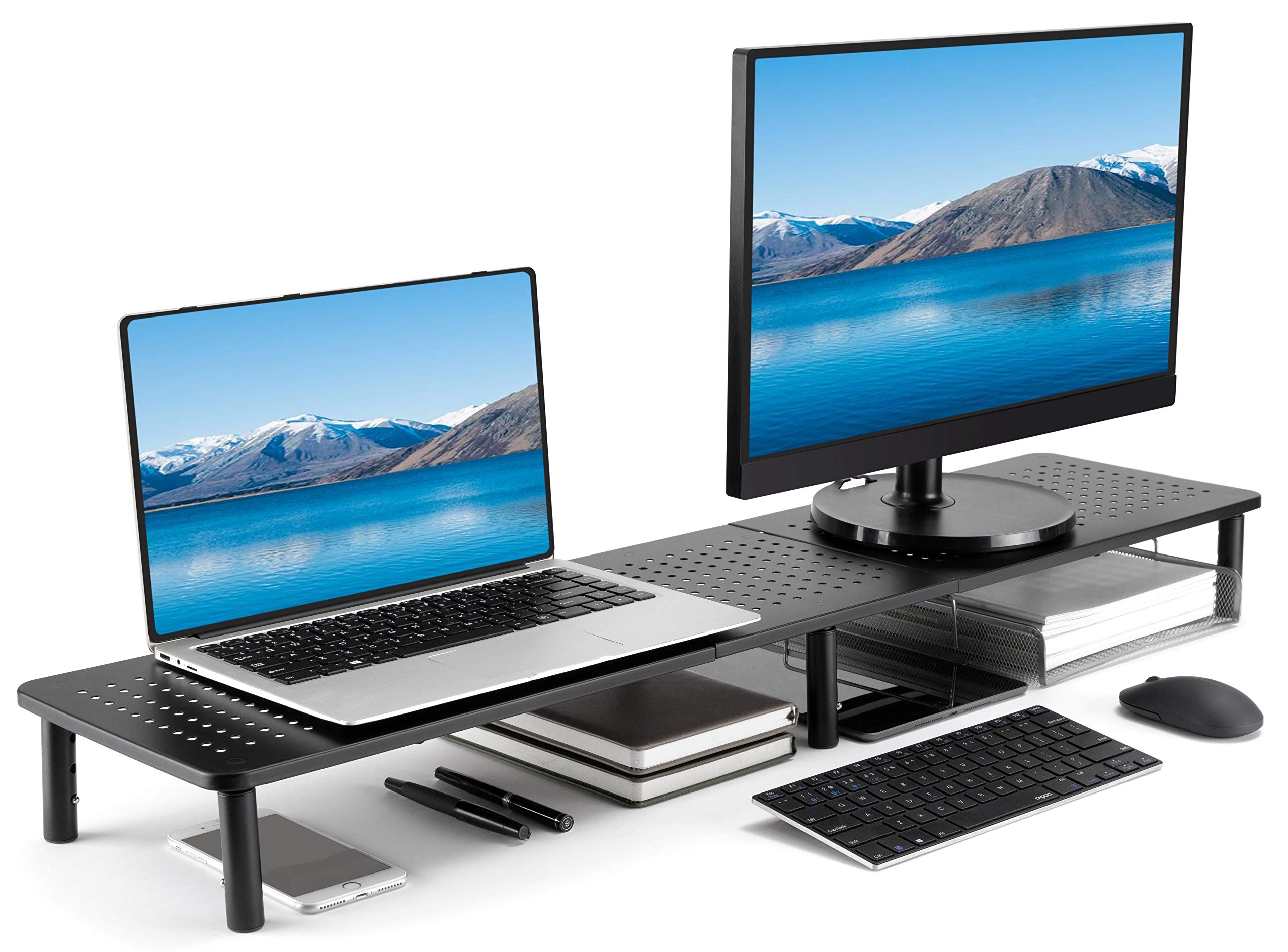 Husky Mounts Large Dual Monitor Stand Riser, Adjustable Legs, 39" x 9.25" x 5.5" Max Height, Matte Black Steel