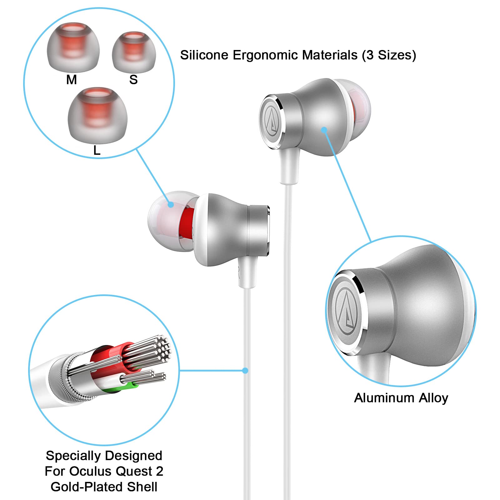 OKCSC Headphones for VR Customized Earphone Compatible for Oculus Quest 2 Meta Quest Pro in-Ear Short-Cord Headphones Virtual Reality Headset Provide Personally on The Gaming Scene Experience White
