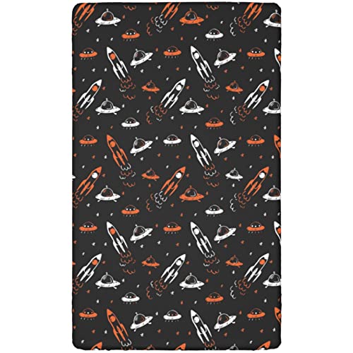Space Themed Fitted Mini Crib Sheets,Portable Mini Crib Sheets Soft Toddler Mattress Sheet Fitted-Crib Mattress Sheet or Toddler Bed Sheet,24β x38β,Orange White Black