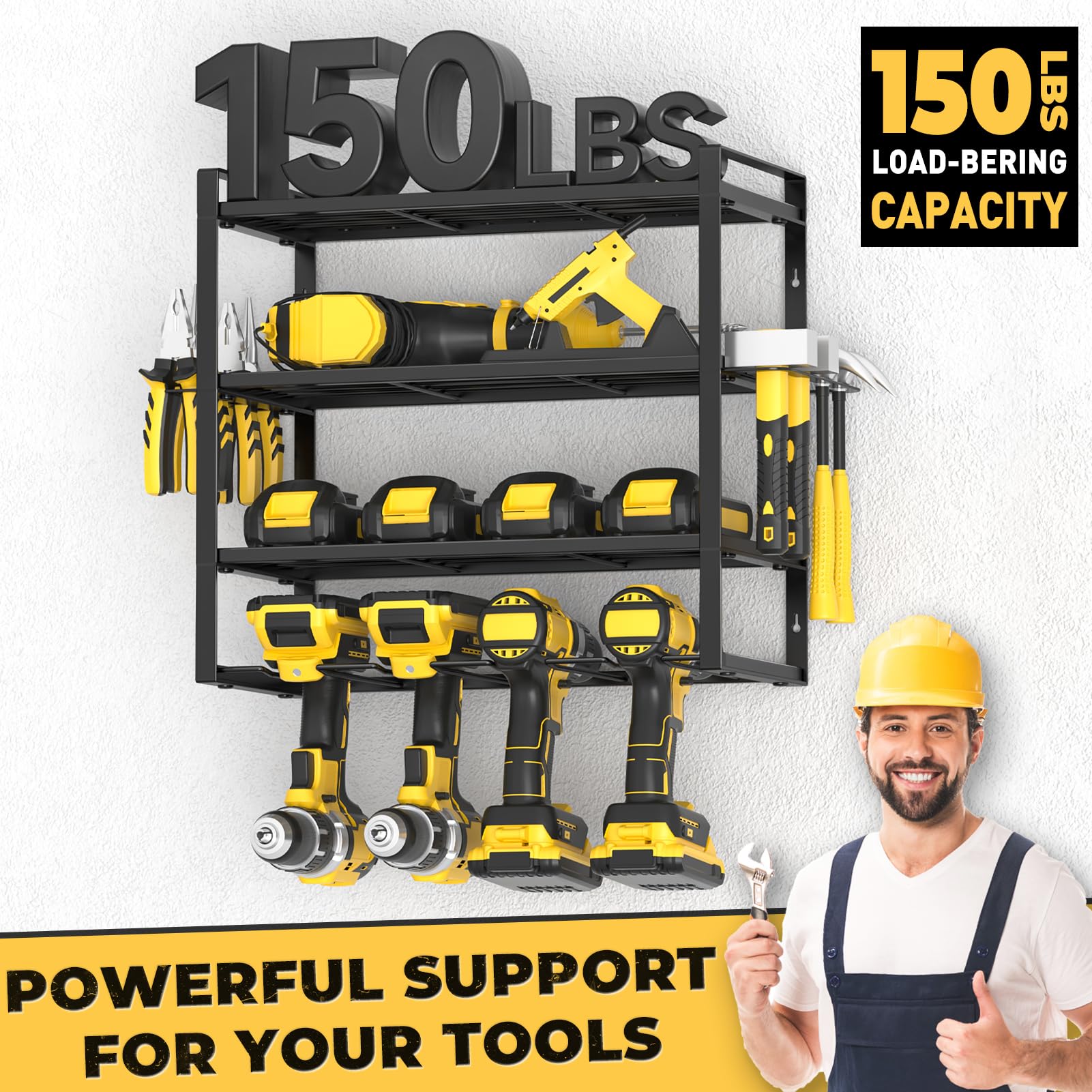 SPACECARE Power Tool Organizer,4 Drill Holders Wall Mount, 4 Layers Garage Organization Floating Cordless Drill Holder Heavy Duty Tool Organizers Utility Rack Floating Tool Shelf for 4 Drill Holders