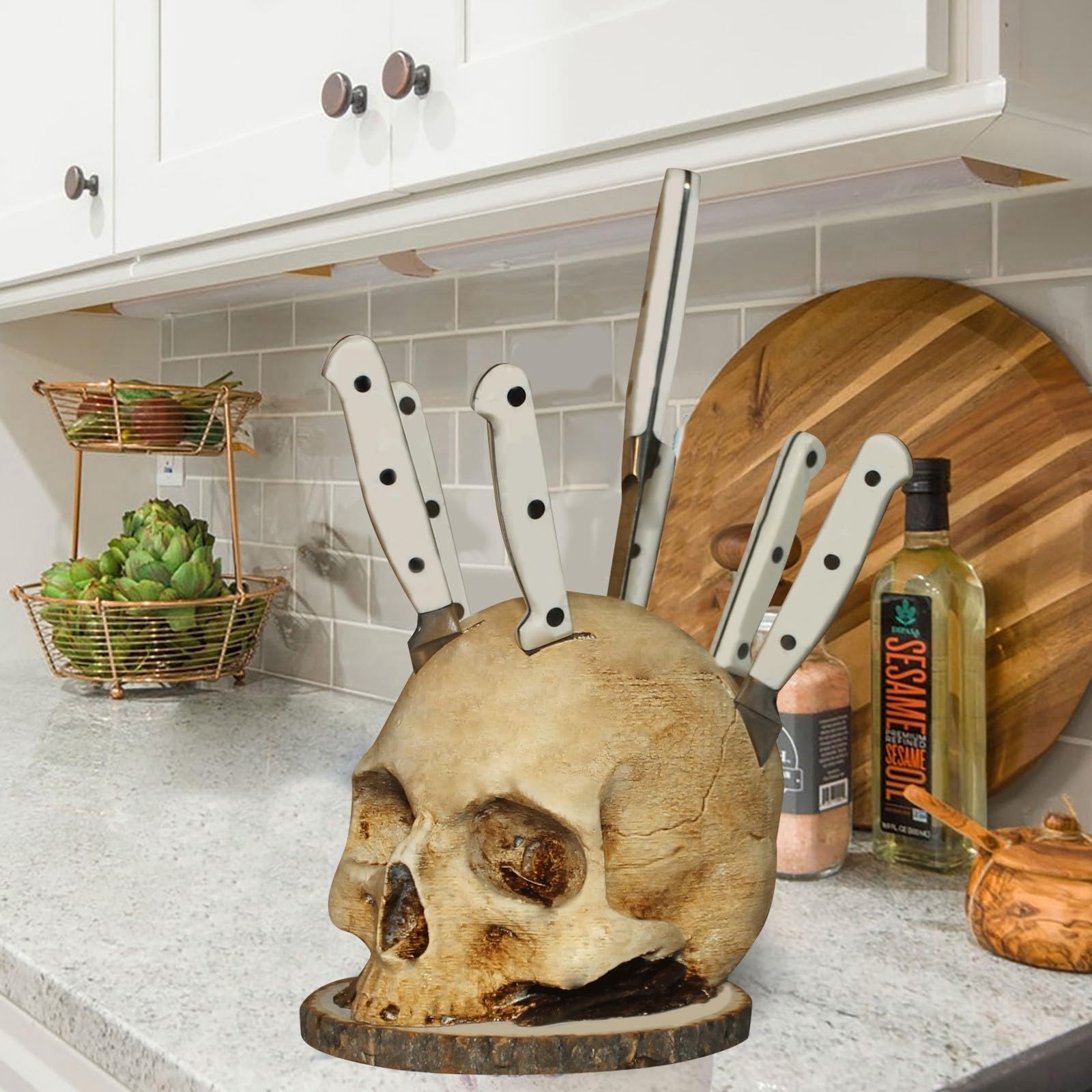 Skull Knife Holder For Kitchen Storage, Handmade Resin Skull Knife Stand, Creepy Creativity Head Shape Knife Holder, Scary Party Fruit Knife Stand Rack Decor, Halloween Ornaments, Gifts (A_5.9'')