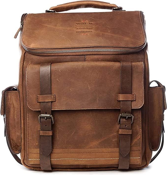 VELEZ 9 Mens Black Business Casual Sneakers + Top Grain Leather Backpack for Men Brown Designer Bookbag Business Casual Shoulder Bag