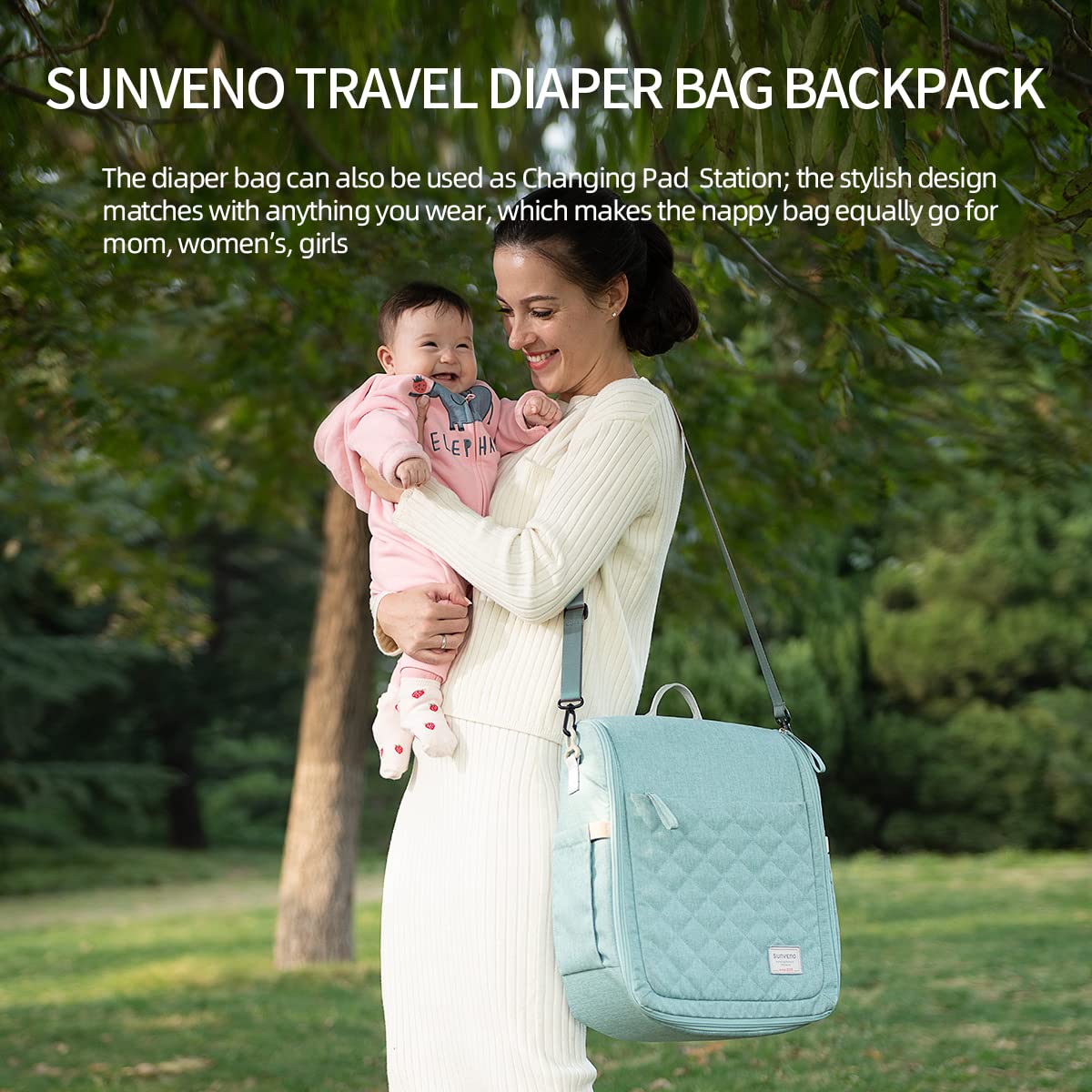 SUNVENO Baby Diaper Backpack Changing Station Bag, Multifunction Large Bags with Cotton Changing Pad, Stylish Travel Back Pack Bag for Moms Dads (Green)