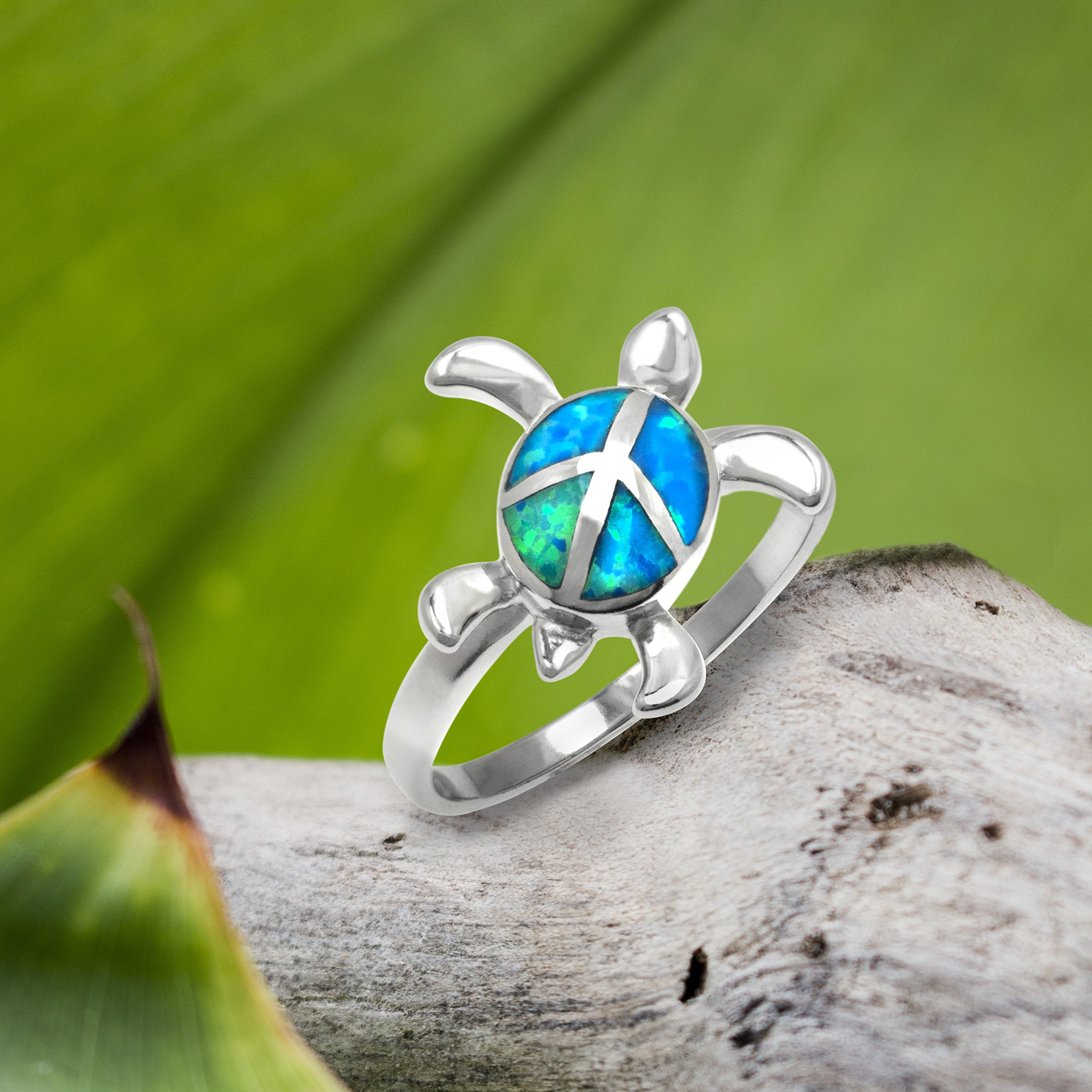 Honolulu Jewelry Company Sterling Silver Turtle with Peace Sign Ring with Simulated Blue Opal (7)
