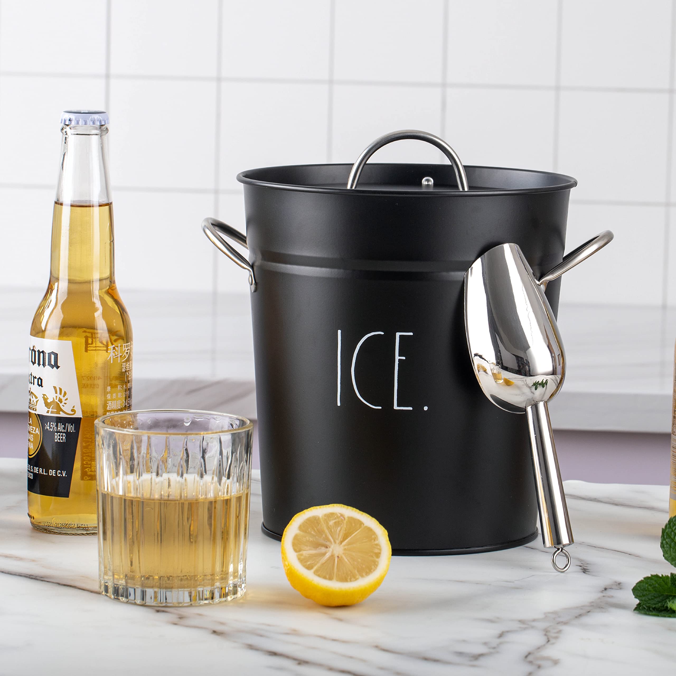 Rae Dunn Ice Bucket with Scoop - Stainless Steel Bucket with Handle, Lid and Ice Scooper - 4 Qt. Storage Bin for Ice Cubes for Bars, Parties, Backyard Barbeques, Picnics, and Camping (White)