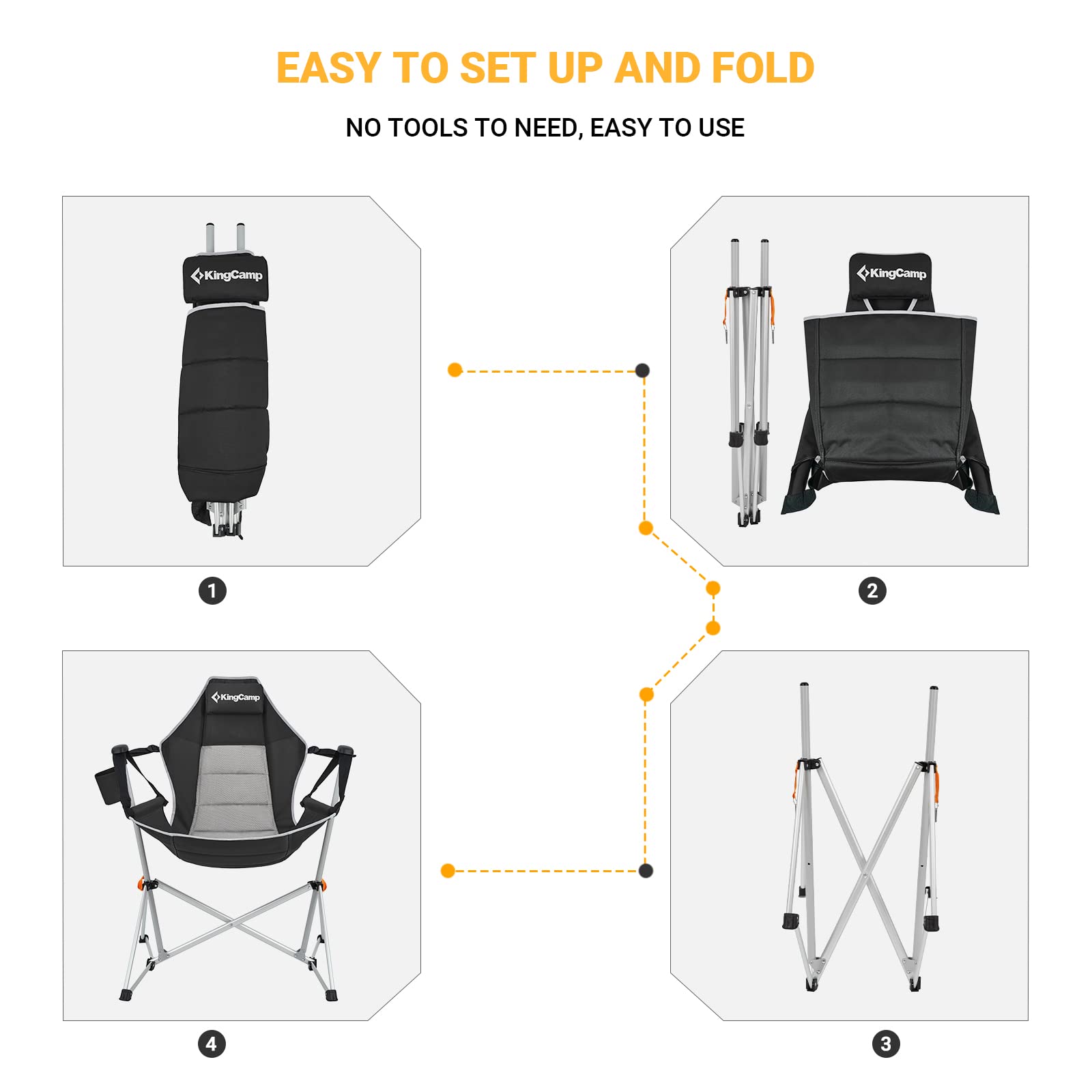 KingCamp Hammock Camping Chair Folding Rocking Chair Heavy Duty Portable Swing Recliner Chair with Pillow for Outdoor Lawn Backyard Picnic, Black