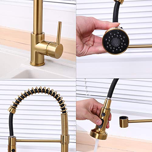 Ntipox Brushed Gold Kitchen Faucet with Pull Down Sprayer,Brushed Brass Kitchen Sink Faucet Single Handle Single Lever ,Spring Rv Kitchen Faucet, 3 Function Laundry Faucet