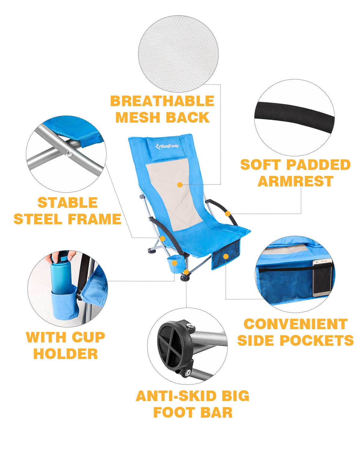 KingCamp KC1912 USVC1 Camping Chairs, One Size, Blue-HIGH BACK-2PACK