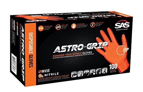 SAS Safety 66574 Astro-Grip Powder‐Free 7 Mil Nitrile Gloves, X-Large, Orange 100/BX