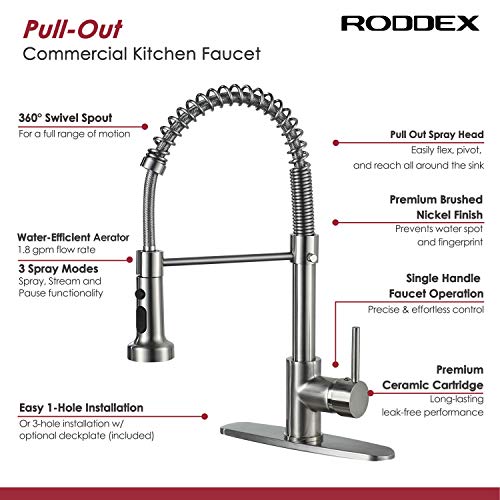 RODDEX Kitchen Faucet Stainless Steel Solid Brass Single Handle Single Hole Sink Faucets with Pause Button, 3 Hole Cover Deck Plate Pull Out Pullout Sprayer, Silver & Brushed Nickel …