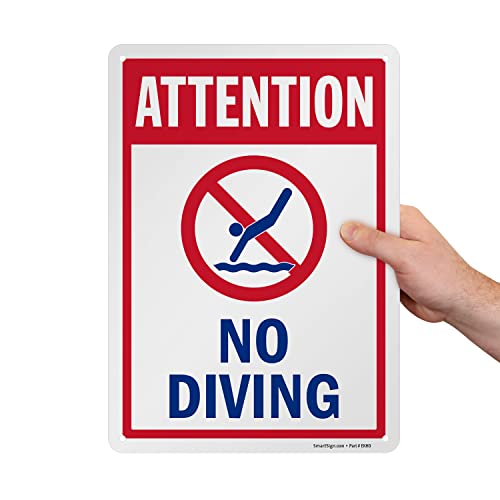 SmartSign 14 x 10 inch โAttention - No Divingโ Pool Metal Sign, 40 mil Laminated Rustproof Aluminum, Red, Blue and White