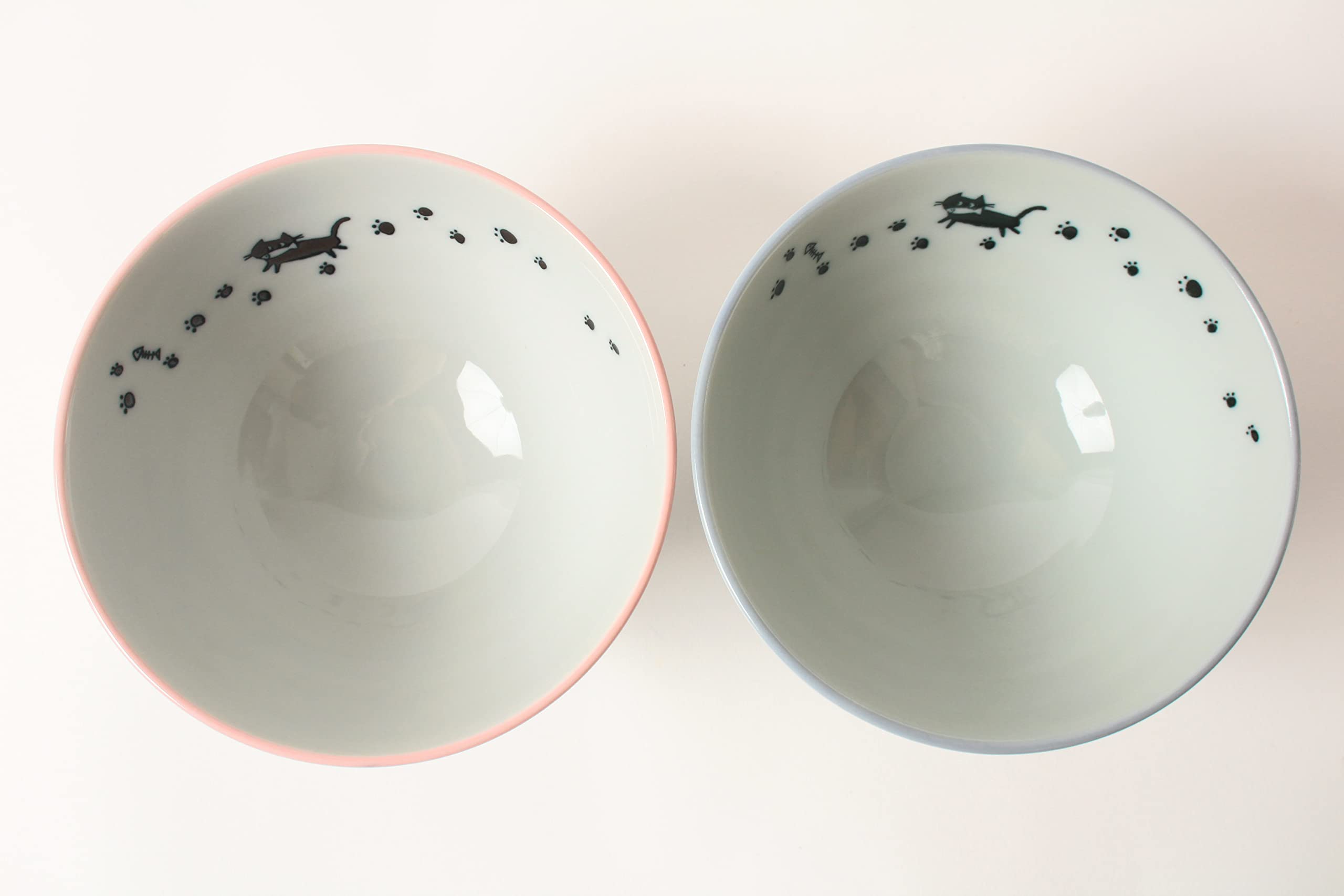 Mino ware Japanese Pottery Pair Rice Bowl Black Cats & Foot Prints Blue & Pink made in Japan (Japan Import) MIG005