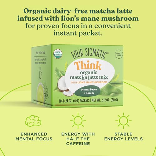Matcha Latte Mix by Four Sigmatic | Lion’s Mane Mushroom, Organic Matcha, Maitake & Moringa | Focus, Creativity & Productivity Support | 20mg Caffeine | Vegan, Gluten-Free | 0.21 Ounce | Pack of 10