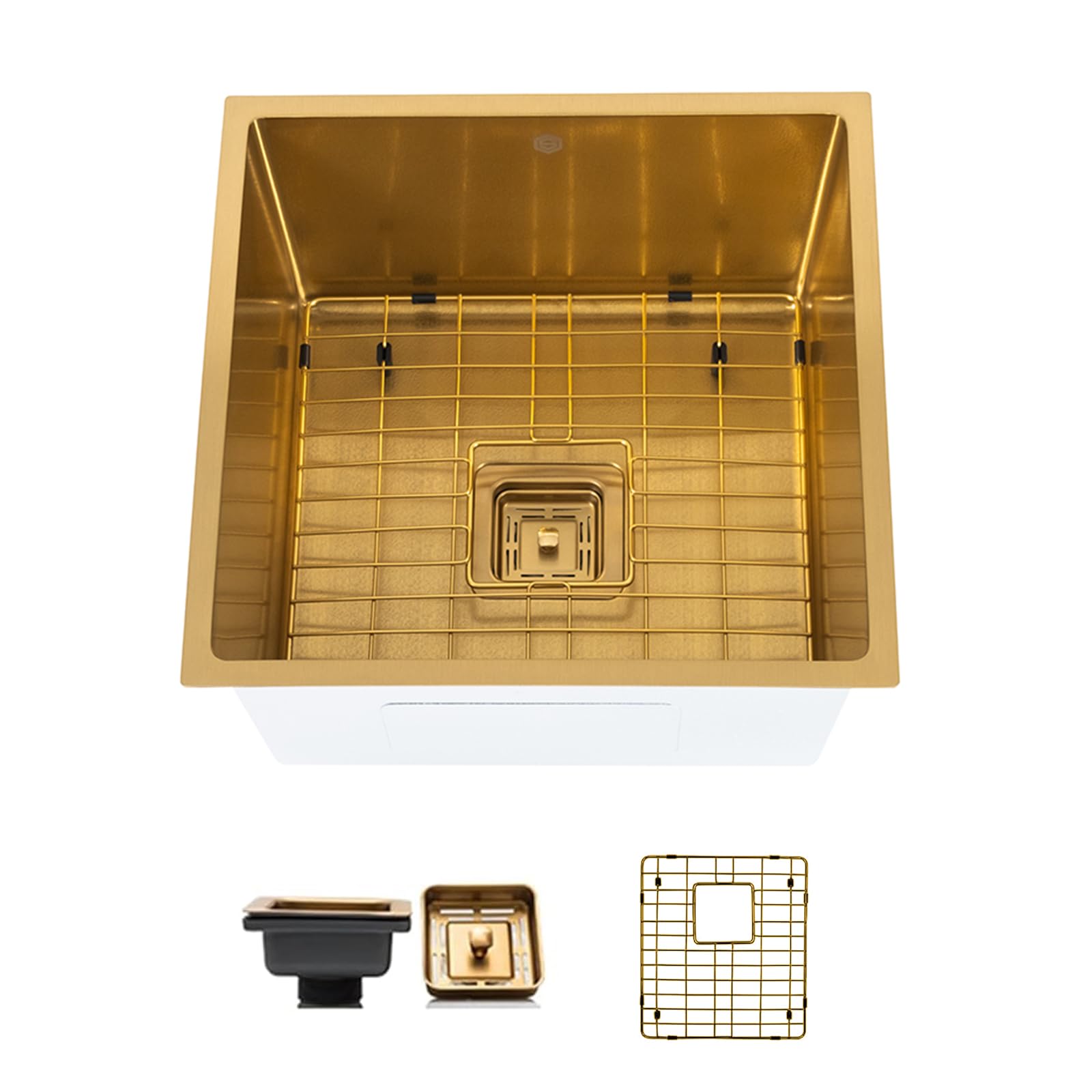 Strictly Sinks Undermount Bar Prep Sink – 18 Inch 16 Gauge Embossed Leather Texture Gold Wet Bar Prep Kitchen Sink with Bottom Grid and 1 Square Strainer Drain
