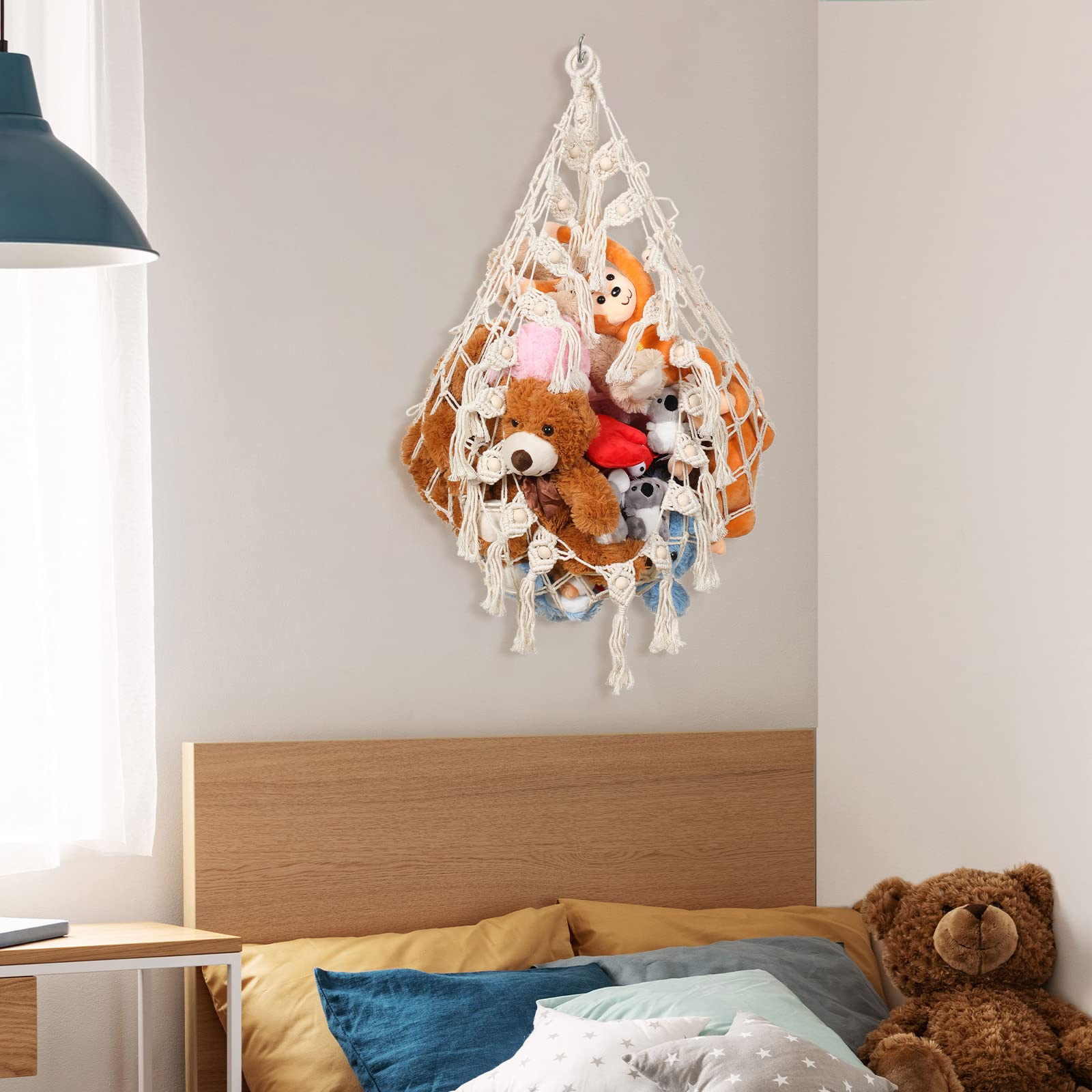 Stuffed Animal Net or Hammock, Stuffed Animal Storage Hammock for Wall with LED Light - Boho Hanging Plush Toy Organizer Corner Net for Kids Bedroom Large Capability Toy Hammock