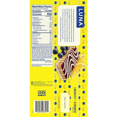 LUNA Mash-Ups - LemonZest + Blueberry Flavor - Gluten-Free - Non-GMO - 7-9g Protein - Made with Organic Oats - Low Glycemic - Whole Nutrition Snack Bars - 1.69 oz. (15 Count)