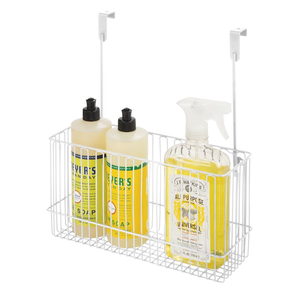 mDesign Metal Over Cabinet Kitchen Storage Organizer Holder or Basket - Hang Over Cabinet Doors in Kitchen/Pantry - Holds Bakeware, Cookbook, Cleaning Supplies - Steel Wire - White