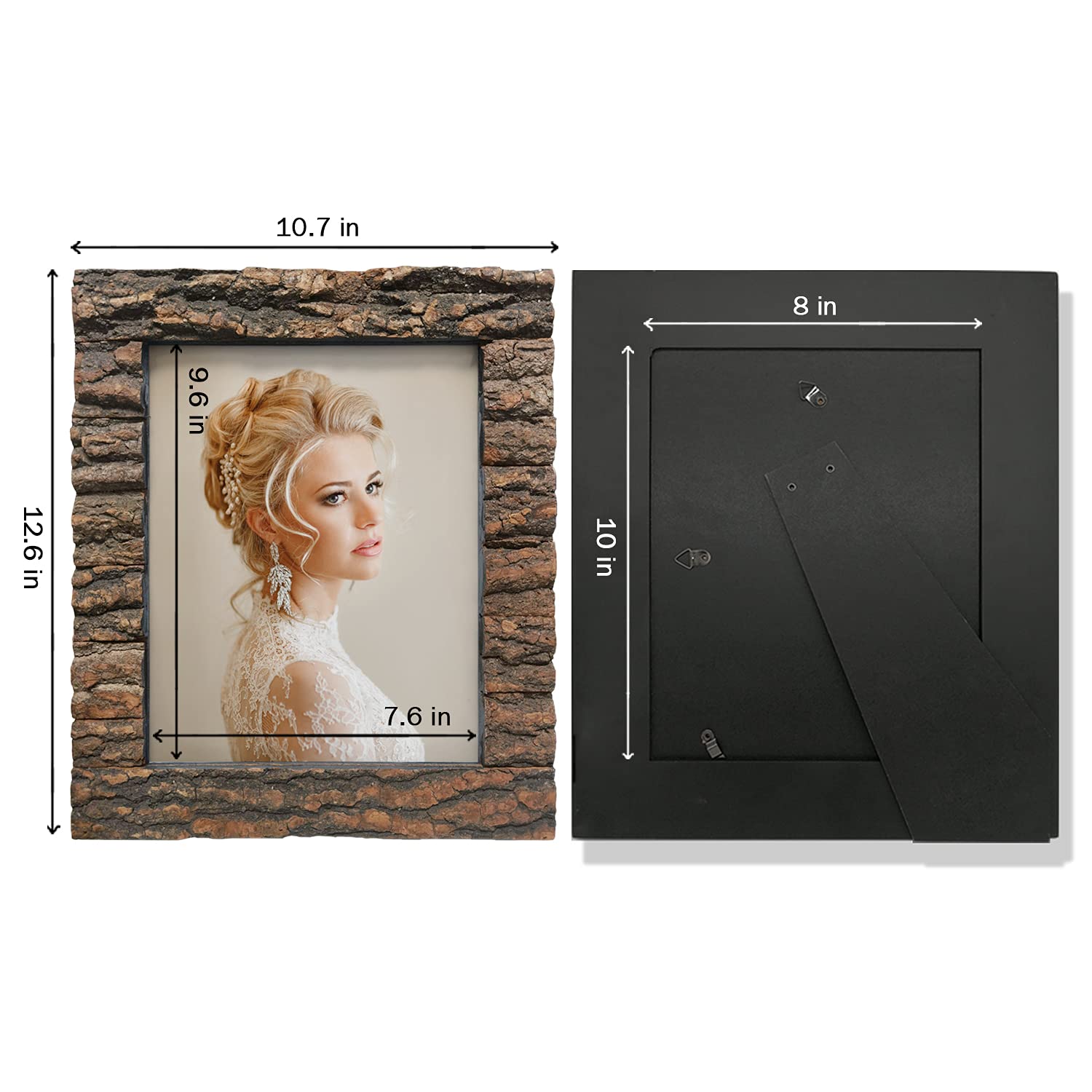 IKEREE 8x10 Rustic Wood Picture Frame with Real Bark,Solid Wood High Definition Glass,Tabletop or Wall Mounting for Farmhouse Decor.