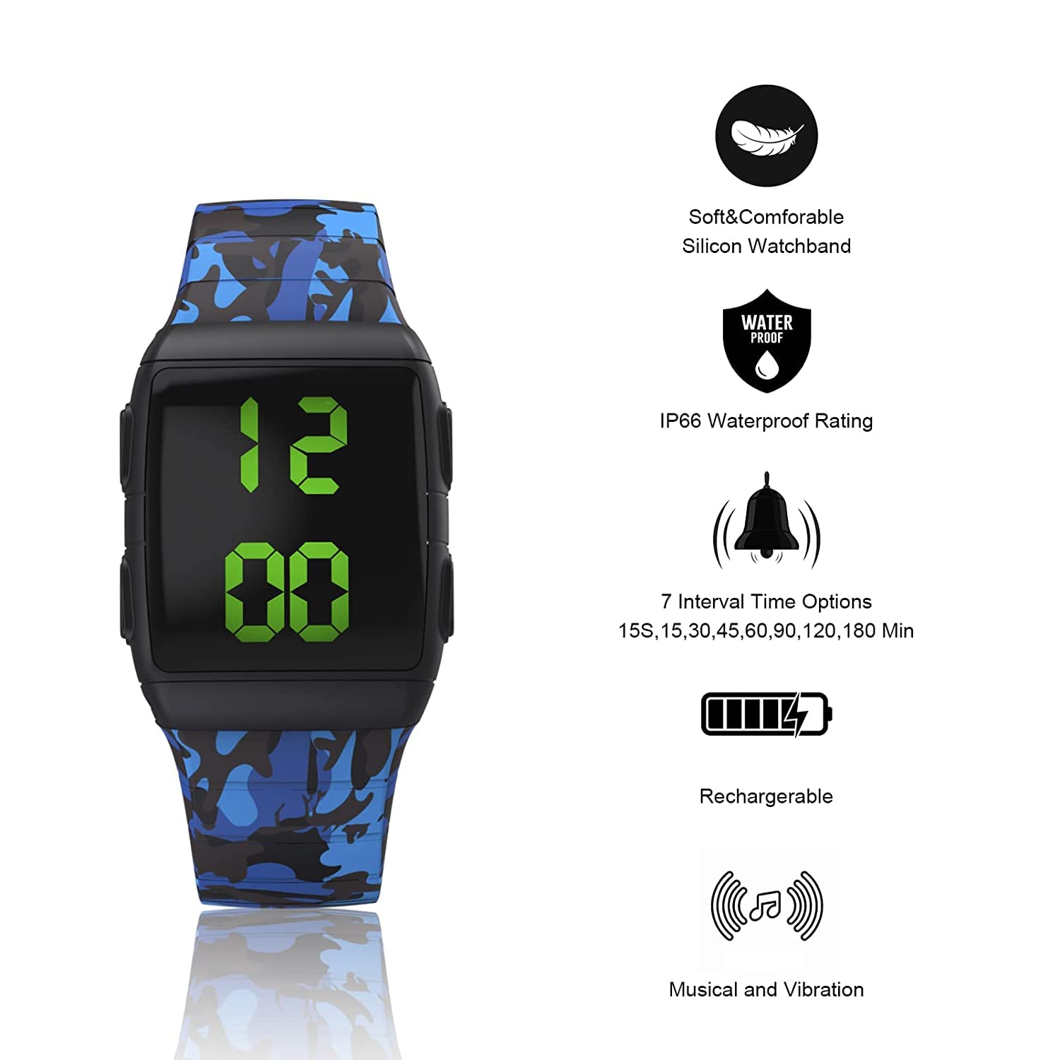 Potty Training Timer Watch, Haydyson Potty Training Toilet with Musical and Vibration Interval Reminders, Water Resistant, Rechargeable Toddler Toilet Training Aid (Bule)