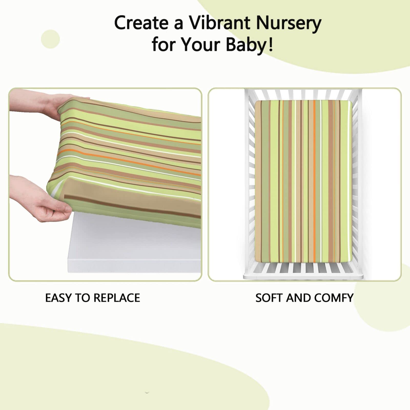 Striped Themed Fitted Mini Crib Sheets,Portable Mini Crib Sheets Soft and Breathable Bed Sheets-Baby Crib Sheets for Girl or Boy,24β x38β,Pistachio Green Tan Orange
