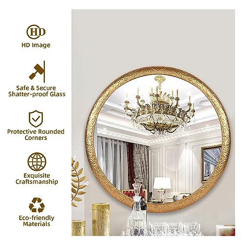 Varsoul 30 * 30in Antique Gold Decorative Metal Framed Round Wall Mirror,Decorative Accent Wall Mirrors Modern for Living Room, Entryway, Foyer, Hallway, Bedroom