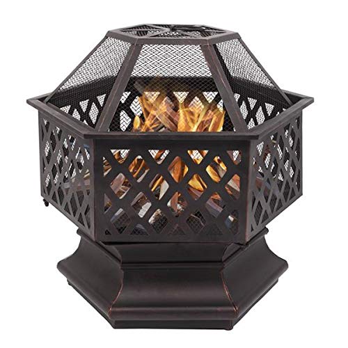 Outdoor 22" Hex Shaped Fire Pit Wood Burning w/Flame-Retardant Mesh Lid Fireplace Patio Backyard Steel Firepit Bowl Heater