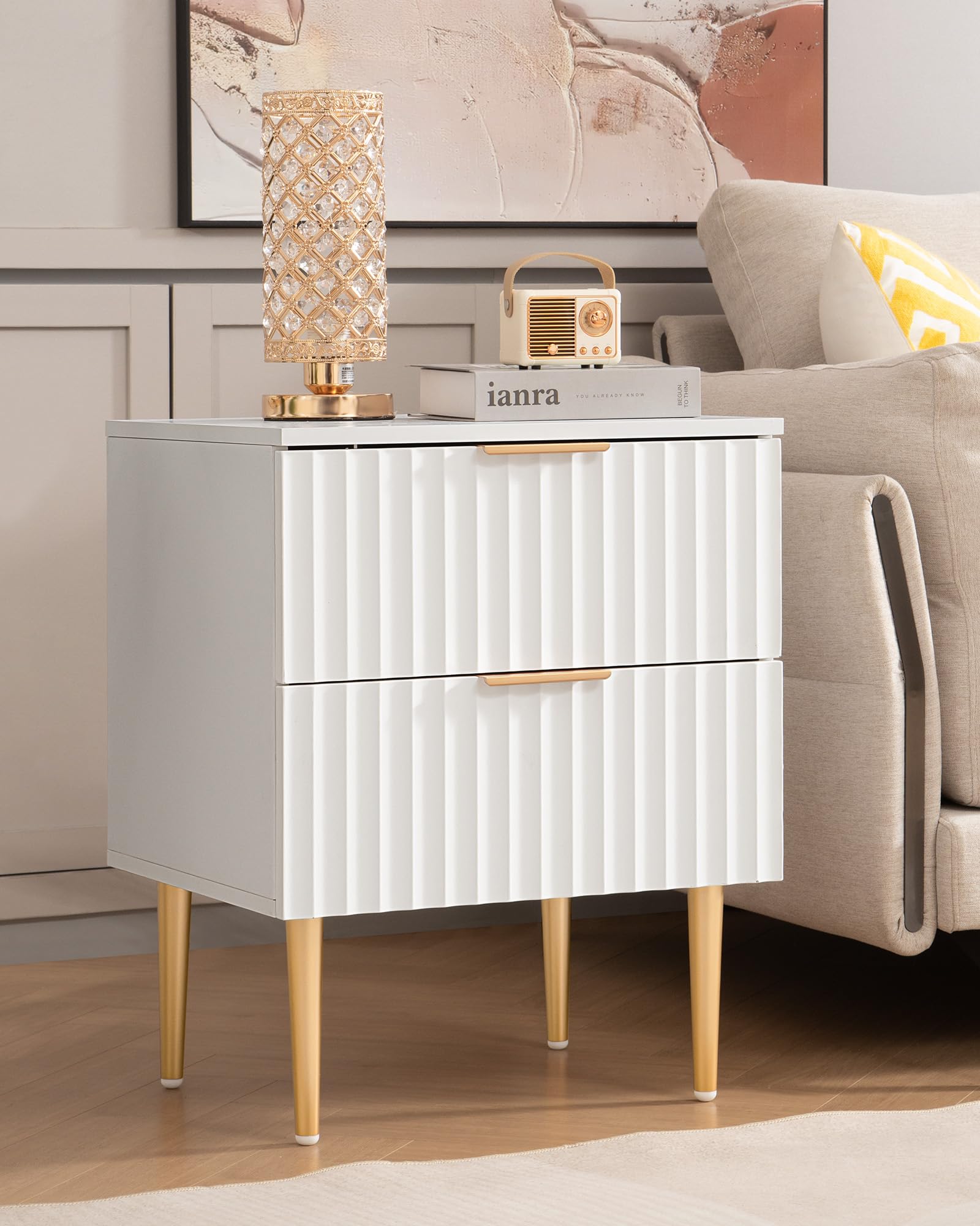 SICOTAS White Night Stand Set 2, Wide Fluted Nightstand with 2 Drawers, Modern Glossy Storage Bedside Table for Bedroom, End Side Table with Golden Metal Legs and Handles(2, White)