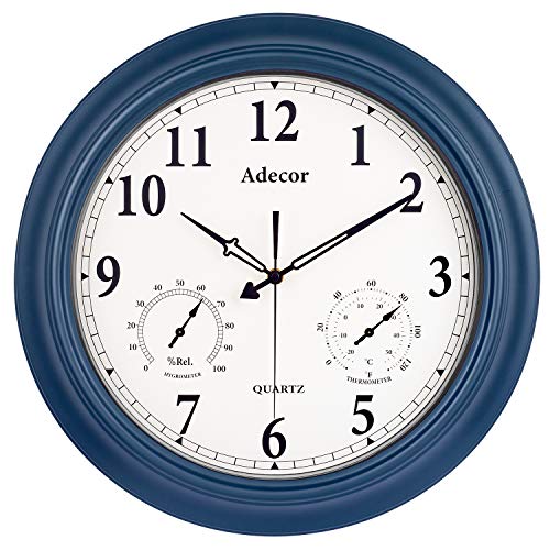 Outdoor Clocks with Thermometer and Hygrometer Combo, Waterproof Metal Wall Clock, Large Display Silent Non Ticking Battery Operated Clock for Garden/Patio/Pool/Lanai/Fence (18 Inch, Navy Blue)