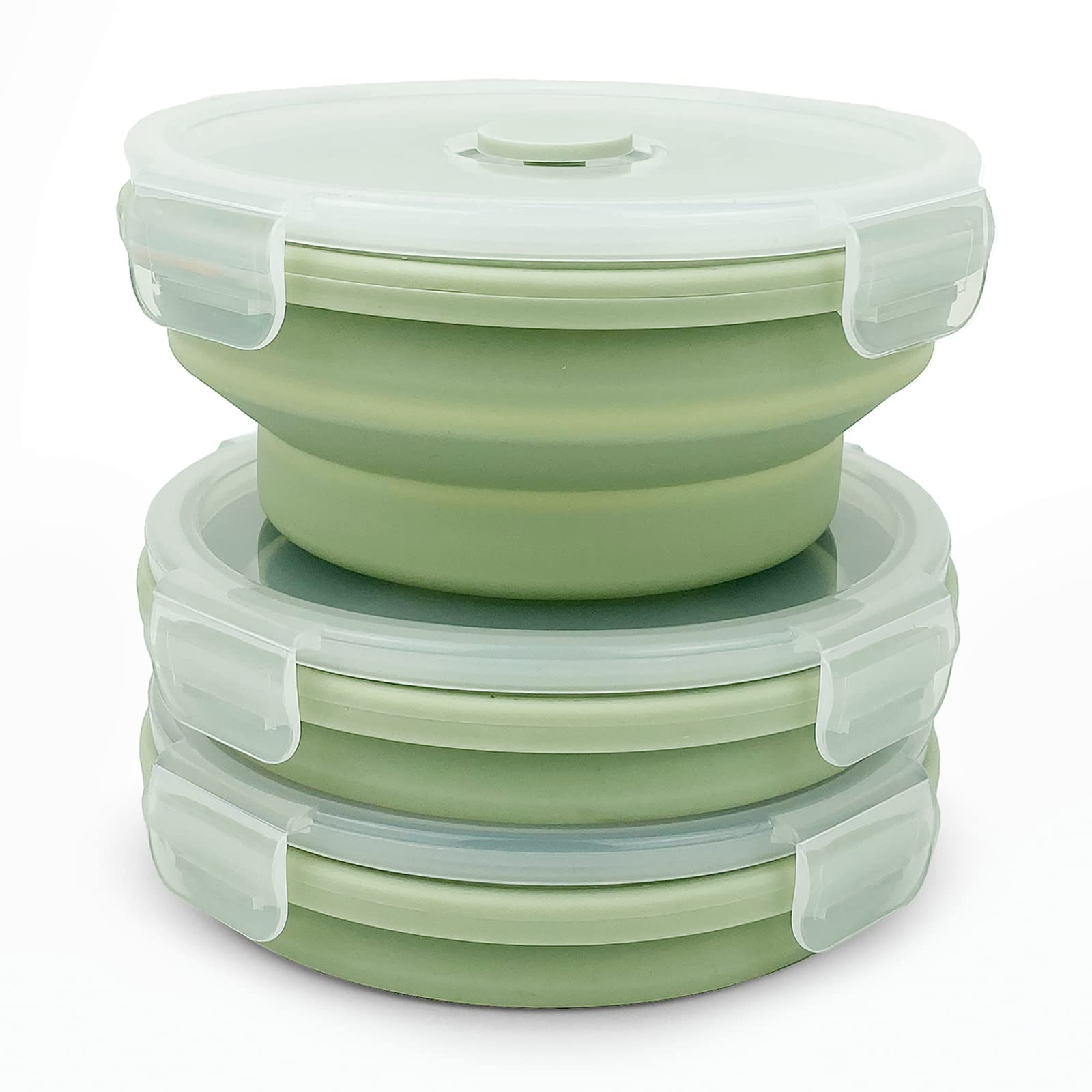 Lunbengo 3piece Collapsible Bowl with Lids, Microwave Silicone Meal Prep Lunch Containers, Ideal Food Bowls for Snacks, Fruits, Oatmeal, Camping Travel, Round, Green