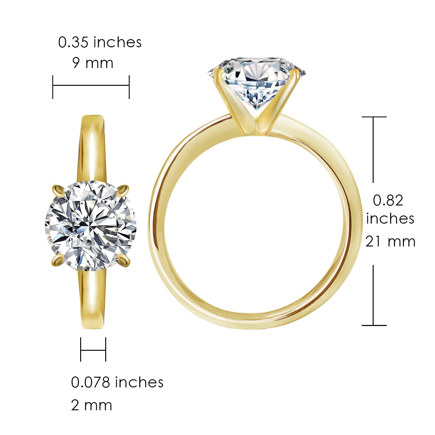 Hoops & Loops Yellow Gold Flashed 925 Sterling Silver 3.0ct Round Brilliant Cut Cubic Zirconia Solitaire Engagement Bridal Wedding Statement Band Ring for Women, Size 7